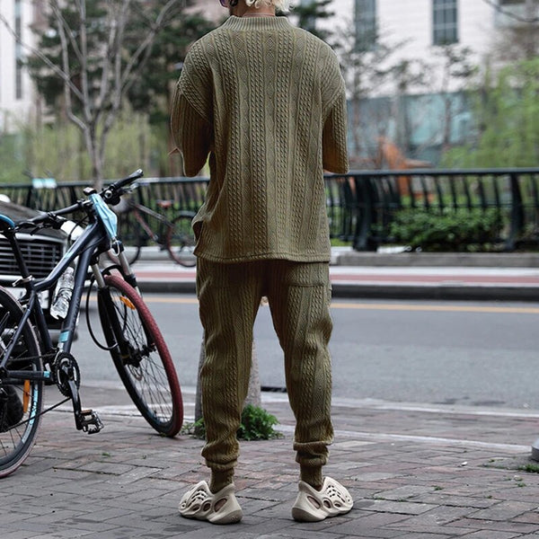 Riolio Vintage Knitted Two Piece Mens Set Fashion Loose Solid Short Sl